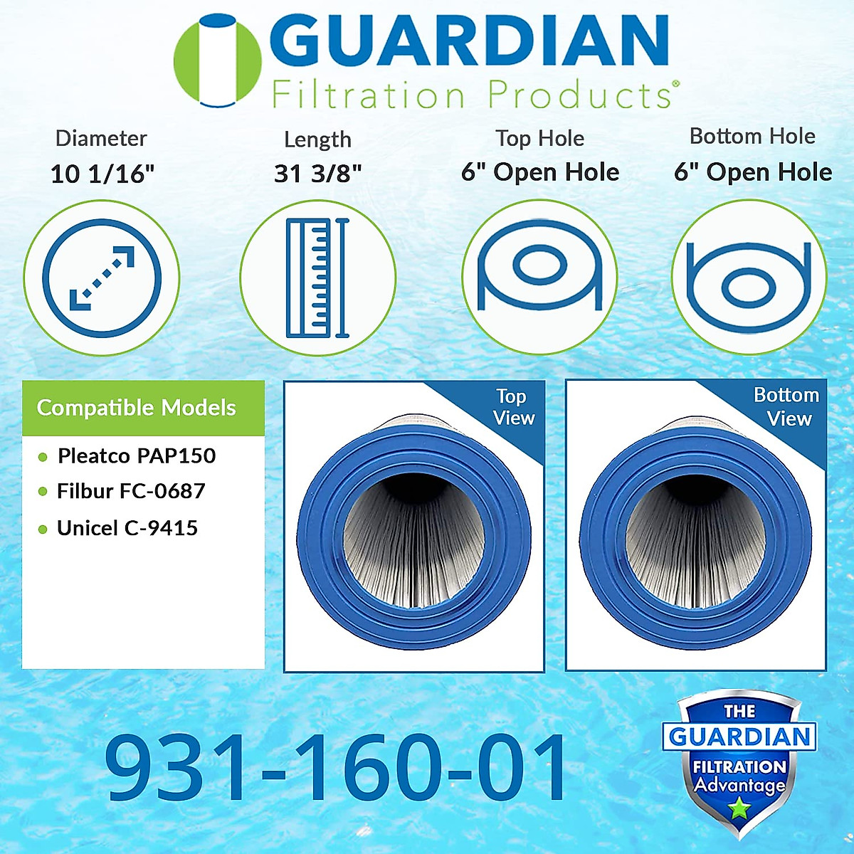 Guardian Filtration Products - Pool Filter Replacement for Pleatco PAP150, Unicel C-9415, FC-0687, Pentair Clean & Clear, Predator 150 | Made in The USA | Premium Pool & Spa Cartridge Filter | 931-160