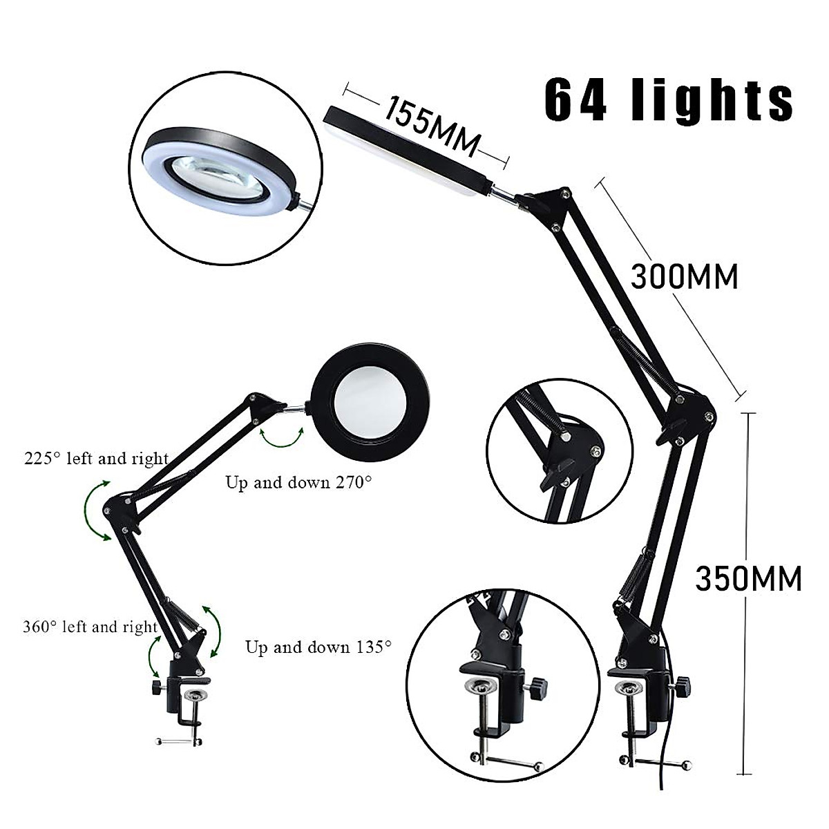 Magnifying Glass with Light and Stand,3 Color Modes Stepless Dimming-5X,Adjustable Swing Arm LED Magnifier Desk Lamp 5-Diopter Glass Lens, for Close Work, Repair, Crafts, Reading,Sewing