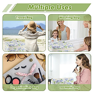 URSKYTOUS 2Pcs Cotton Quilted Makeup Bag for Women Floral Extra Large Small Travel Cosmetic Bag Set Big Cute Blue Makeup Pouch Portable Toiletry Bag Organizer Coquette Vintage Puffy Travel Essential