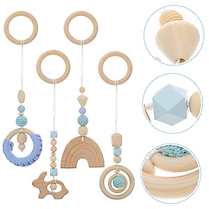 Toddmomy Teething Rings 4Pcs Baby Gym Wood Toys Wooden Hanging Toy Wood Activity Pendant Hanging Toy Dangling Teething Soother Sensory Toys Nursery Decor Montessori Play Gym