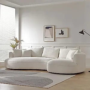 ERYE Luxury 6 Seats Teddy Boucle Freestanding Sectional Sofa, Modern Left Wide Chaise Comfy Leisure Couch with 7 Perfectly-Scaled Pillows, Oversized Sleek Curved Sofa&Couch for Living Room