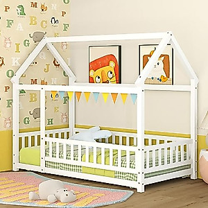 Bellemave Twin Size House Floor Bed,Wooden Montessori Bed with Fence and Roof for Kids,Playhouse Twin Bed Frame for Girls,Boys(Twin,White)