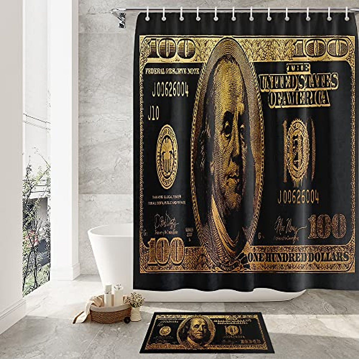 GUBIYU Black Gold 100 Dollar Bill Bathroom Sets with Money Shower Curtain and Bills Rugs,Money Shower Curtains with Hooks for Bathroom Decor,Cool Bathroom Set for Men Bathroom Accessories 4 Pieces