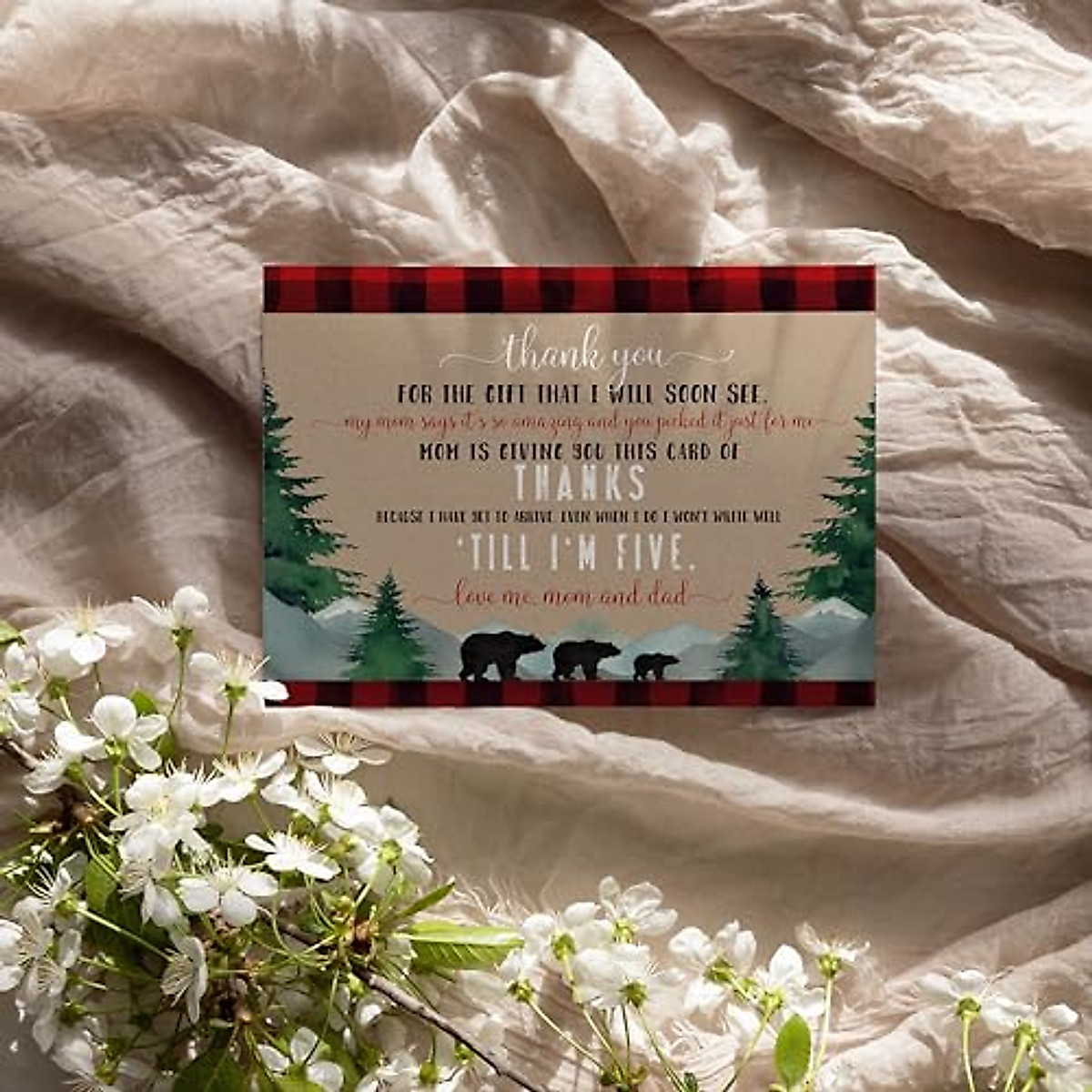 Lumberjack Baby Thank You Cards, 15 Pack – Boys Baby Shower Notes with Envelopes Set, Prefilled Message, Customizable and Personalize Blank Stationery Adventure, New Parents Gift Ideas