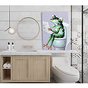 Yihui Arts Funny Bathroom Wall Art Hand Painted Happy Frog Reading Book Large Painting Pictures with Framed for Decor