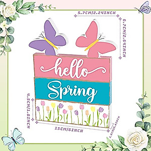 5 Pcs Hello Spring Tiered Tray Decorations Rustic Spring Table Decor Farmhouse Spring Decorations for Home Spring Wood Sign Hello Spring Table Centerpiece Standing Decor for Shelf Tabletop Fireplace