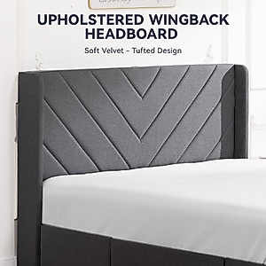 COMHOMA Bed Frame Queen Size with Type-C & USB, Queen Size Bed Frame with 3 Storage Drawers, Upholstered Bed Frame Queen with Wingback Headboard, Steel Slats Support, Dark Grey