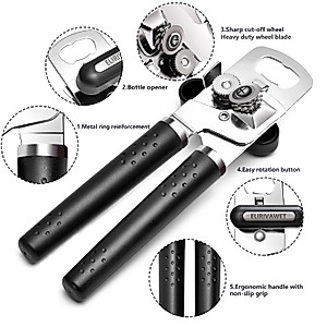 Can Opener Manual Heavy Duty Handheld Can Opener Smooth Edge Comfortable Grip Safety Can Openers, Sharp Cutting Wheel, Oversized Easy Turn Knob, Built-in Bottle Opener