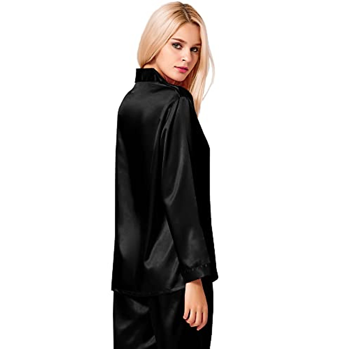 SWOMOG Women's Silk Satin Pajamas Set Long Sleeve Sleepwear Button-Down Pj Set 2 Pcs Nightwear Loungewear Black