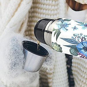 Watercolor Blue Floral Flower Cute Stainless Steel Water Bottle Leak-Proof, Double Walled Vacuum Insulated Flask Thermos Cup Travel Mug 17 OZ