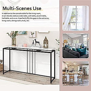 63" Modern Console Table, Rectangular Sofa Side Table with Faux Marble Tabletop Narrow Long Entryway Table with Black Metal Frame for Living Room, Couch, Hallway, Foyer, Kitchen Counter, White+Black