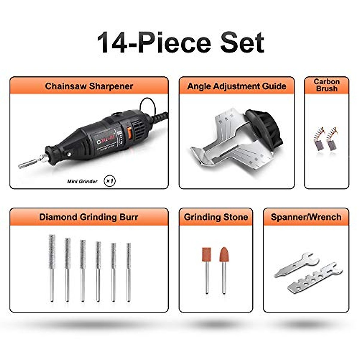 Chainsaw Sharpener Kit - GOXAWEE 140W Power Chain Saw Sharpen Tool Set, Electric Blade Sharpening File Comes with 6pcs Diamond Sharpening Wheels, Angle Guide Attachment for Lumberjack & Garden Worker