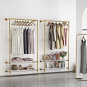 HOMEKAYT Industrial Pipe Clothing Rack Wall Mounted Garment Rack with Wooden Shelves Vintage Hanging Rack for Bedroom, Living room-gold