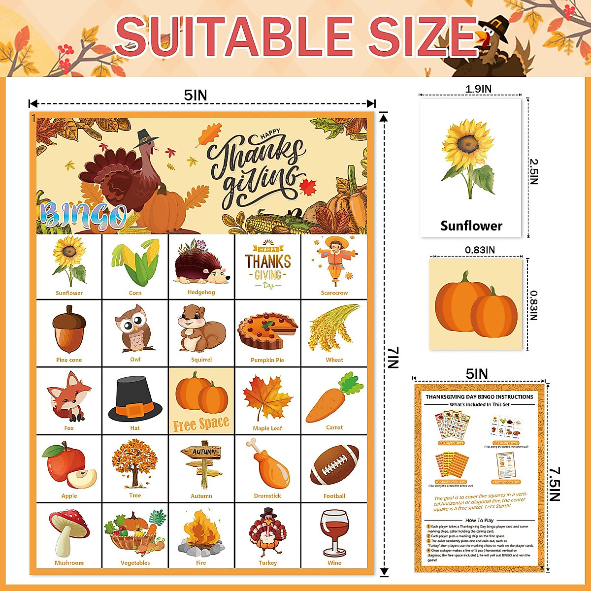 VESPRO 46PCS Thanksgiving Bingo Game Cards for 30 Players Thanksgiving Day Party Games Fall Bingo for Kids Party Classroom Activities