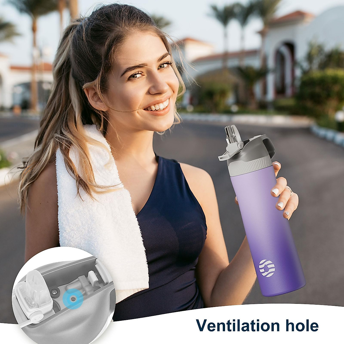 FJ bottle Sports Water Bottles with Straw, 20 oz Double Wall Vacuum Insulated Stainless Steel Bottle Keeps Hot and Cold, With Cleaning Brush, Perfect Gifts for Girl and Lady, Purple Syringa Lilac