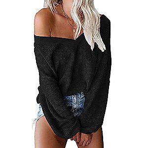 ReachMe Womens Oversized Off The Shoulder Tops Long Sleeve Waffle Knit Shirt V Neck Pullover Sweater(Black,S)