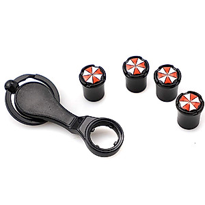 4Pcs Car Tire Valve Stem Cover Caps and a Wrench Keychain Combo Set Fit for Focus 2 3 Fiesta ST Mustang Mk1 - with Umbrella Corporation Emblem Logo Resident Evil Decorative Accessory (Black)