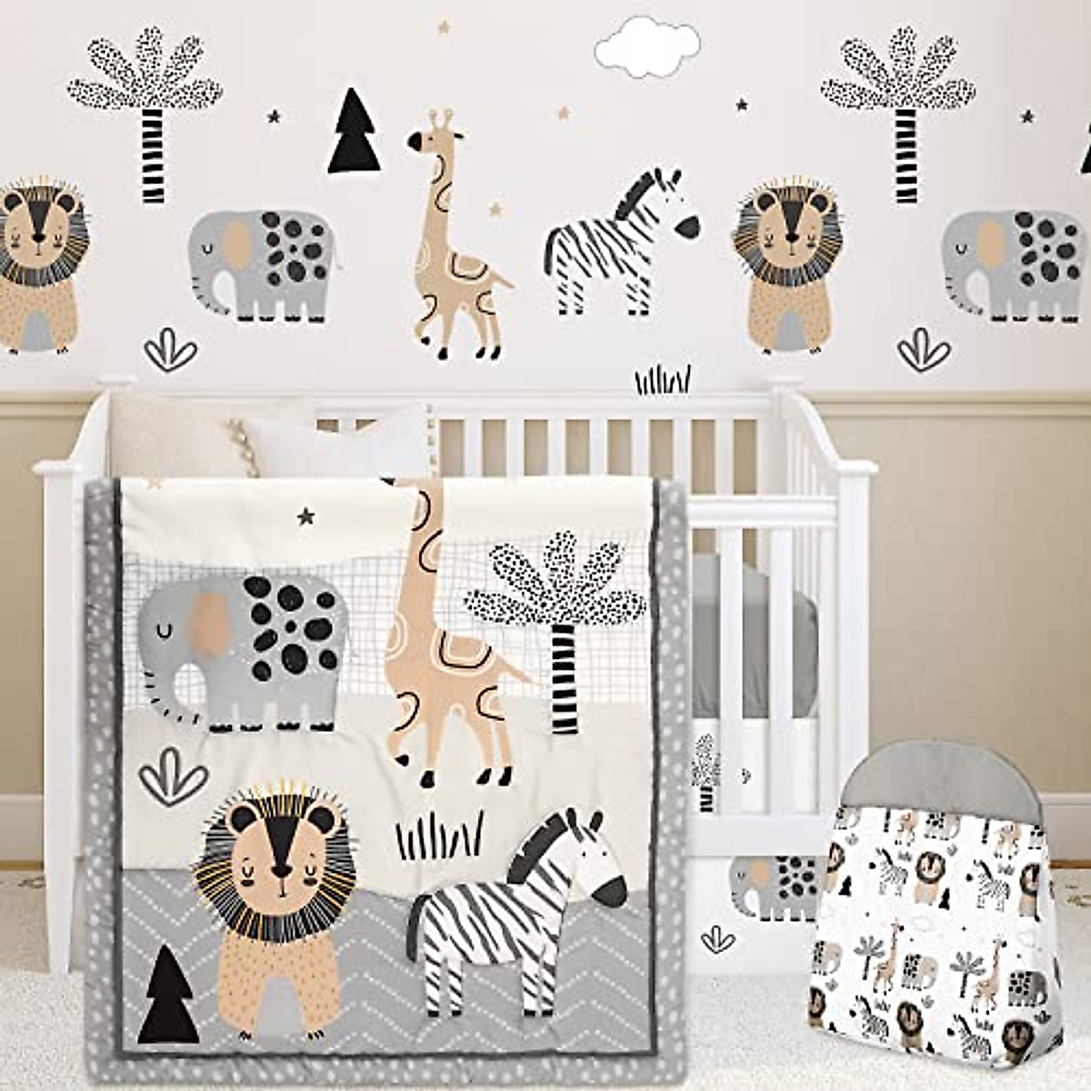 4 Piece Woodland Forest Animals Crib Bedding Set, Including Jungle Safari Crib Skirt, Blanket, Crib Sheet and Diaper Stacker, Soft Neutral Nursery Standard Size Baby Bedding for Baby Girls and Boys