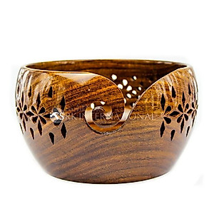 SRK International Rosewood Crafted Wooden Yarn Storage Bowl with Carved Holes & Drills | Knitting Crochet Accessories | Medium - 7 X 3, Brown (SB - 202)