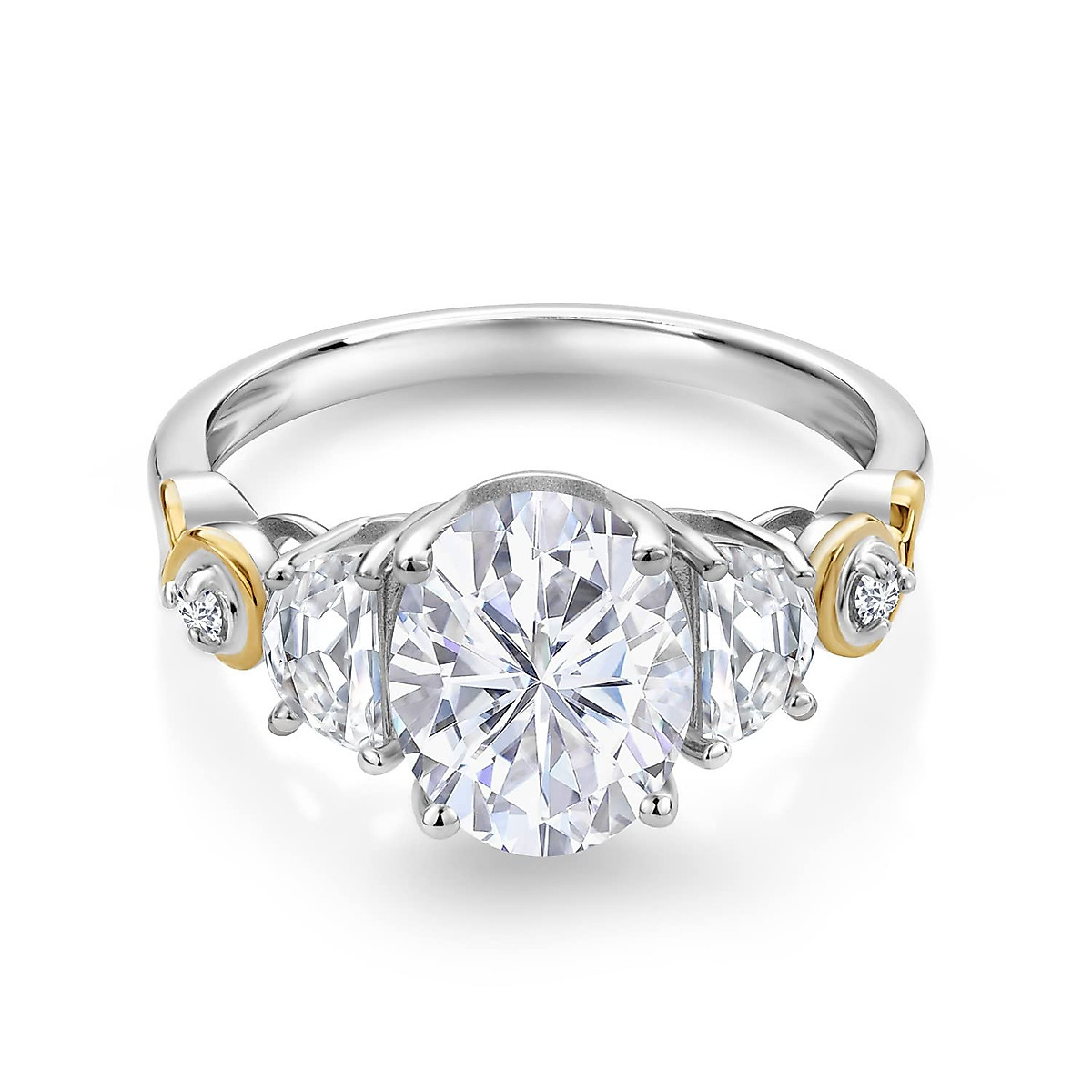 Gem Stone King 925 Silver and 10K Yellow Gold Moissanite and Lab Grown Diamond 3-Stone Women Wedding Engagement Anniversary Promise Ring (2.60 Cttw, Available In Size 5, 6, 7, 8, 9)