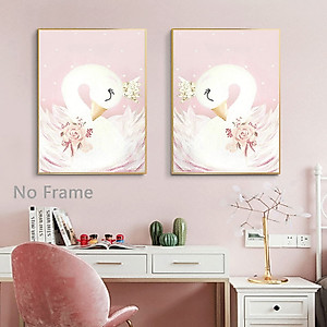 Bfgsrtcbox White Swan Decor Art Gold Crown Wall Art Pink Swan Princess Posters Canvas Painting Baby Girls Room Wall Prints