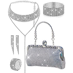 5 Pieces Silver Clutch Purse Rhinestone Evening Purses Crystal Jewelry Set Include Rhinestone Tassel Necklace Bangle Bracelet Dangle Fringe Earrings Ring for Women Wedding Party Bridal Handbag