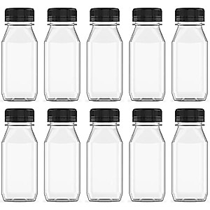 Hulless 10 Pcs 4 Ounce Plastic Juice Bottle Drink Containers Juicing Bottles with Black Lids, Suitable for Juice, Smoothies, Milk and Homemade Beverages, 120 mL