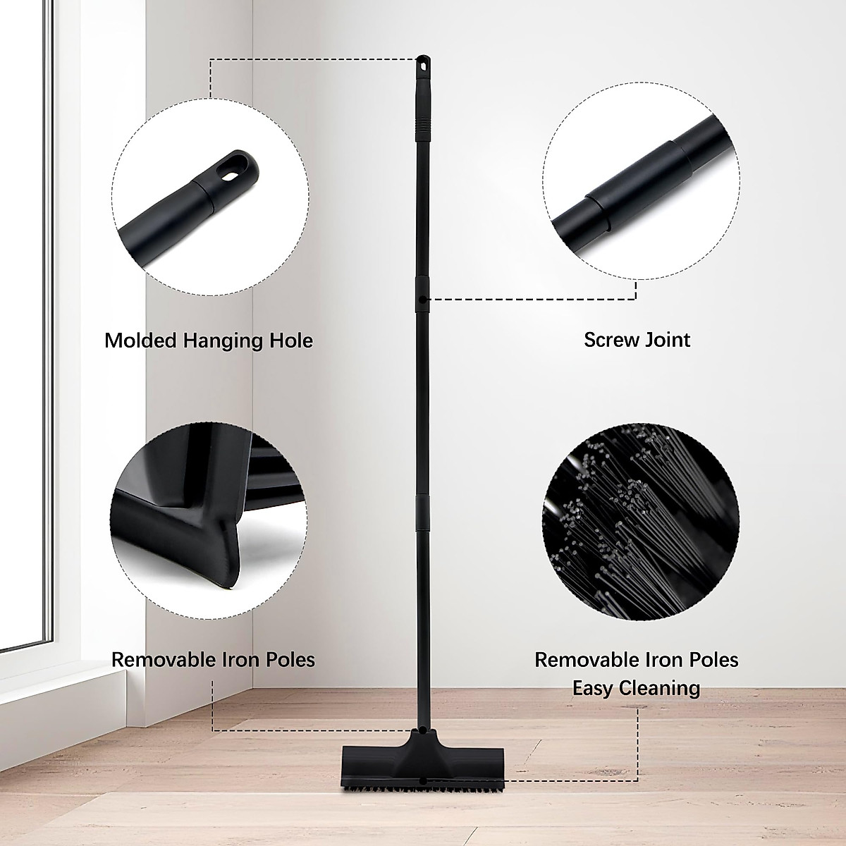 Push Broom Outdoor- Heavy Duty Broom, Stiff Bristles Floor Scrub Brush with 49" Long Handle for Deck Driveway Garage Yard Patio Warehouse Concrete Wood Stone Kitchen Tile Indoor Floor Cleaning (Black)