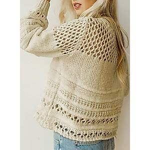 Dokotoo Women's Balloon Long Sleeve Sweater Tops Round Neck Crochet Hollow Out Knit Pullover Jumper Tops Sweaters for Women White Small