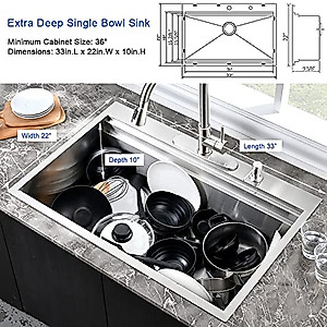 33 Inch Drop In Kitchen Sink Workstation-Hovheir 33x22 Stainless Steel Topmount Double Ledges Workstation Sink 16 Gauge Deep Single Bowl Overmount