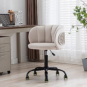 SSLine Elegant Velvet Desk Chair for Girls Women Modern Swivel Office Computer Chair with Black Base Wheels Upholstered Cute Vanity Chair Task Chair w/Tufted Back for Home Study Living Room(Beige)