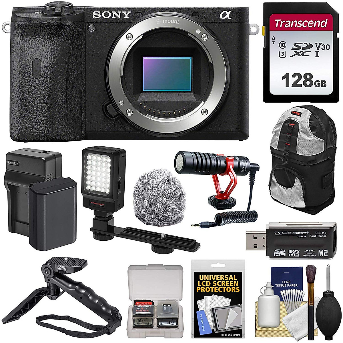 Sony Alpha A6600 Mirrorless Digital Camera Body with 128GB Card + Battery & Charger + Backpack + Grip/Tripod + Video Light + Mic + Kit