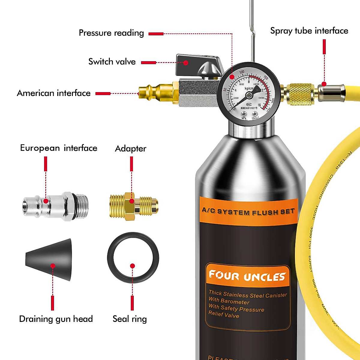 FOUR UNCLES IRONCUBE AC Flush Kit,A/C Air Conditioner System Flush Canister Kit Clean Tool Set R134a R12 R22 R410a R404a for Auto Car with 3.5 ft Hose American Interface