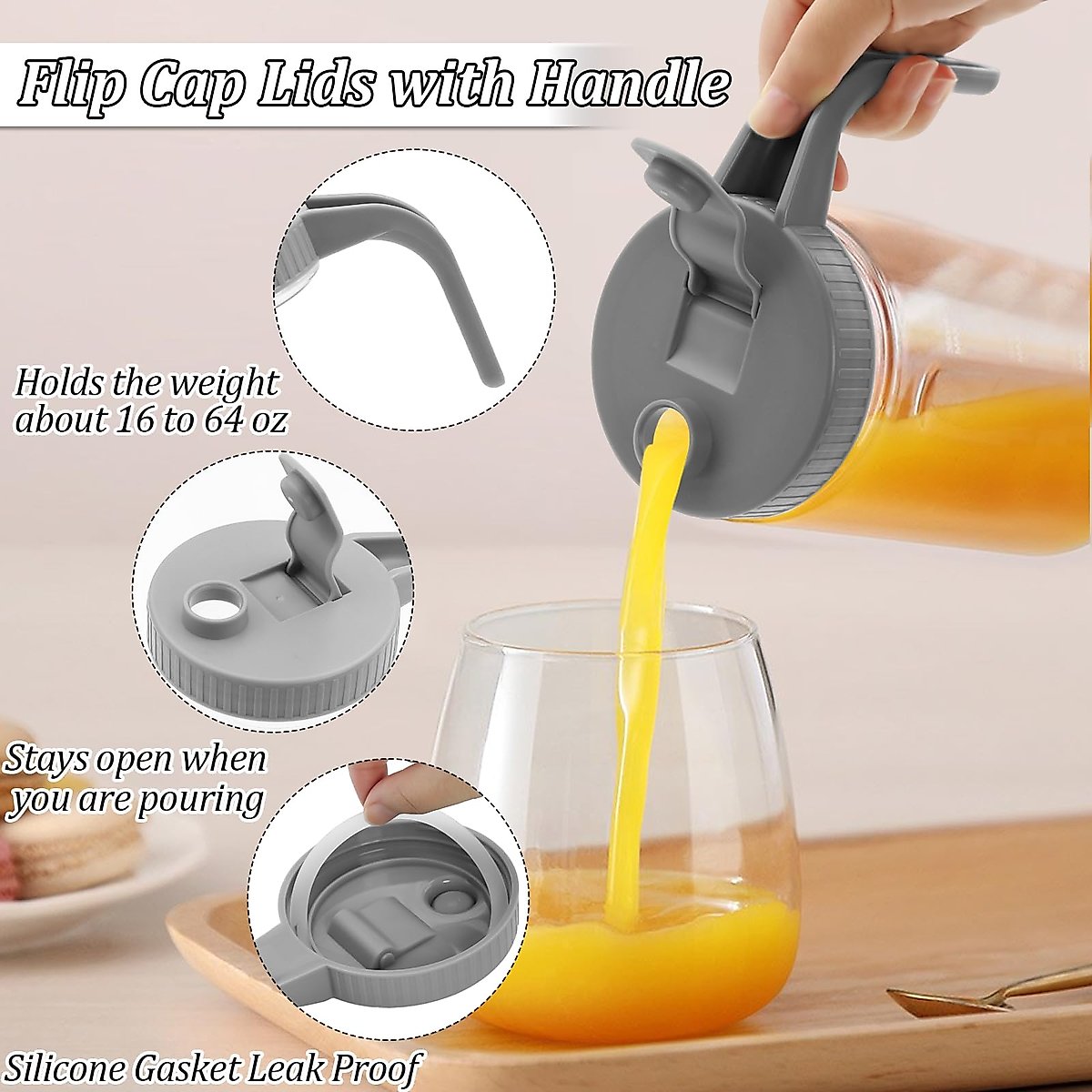 Dexspoeny 2Pcs Mason Jar Lids with Handle Reusable Lids for Mason Jars Plastic Wide Mouth Mason Jar Lids with Pour Spout and Flip Cap Easy Pouring Spout for Drinking & Food Storage
