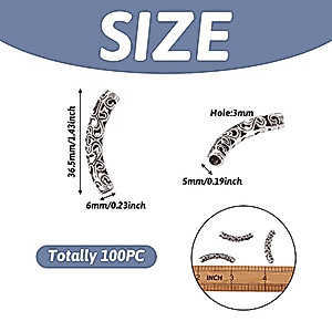 100pcs Tibetan Style Tube Beads Alloy Antique Silver Filigree Long Curved Noodle Tube Loose Spacer Beads 36.5x6mm for DIY Bracelet Necklace Jewelry Making Hole:3mm