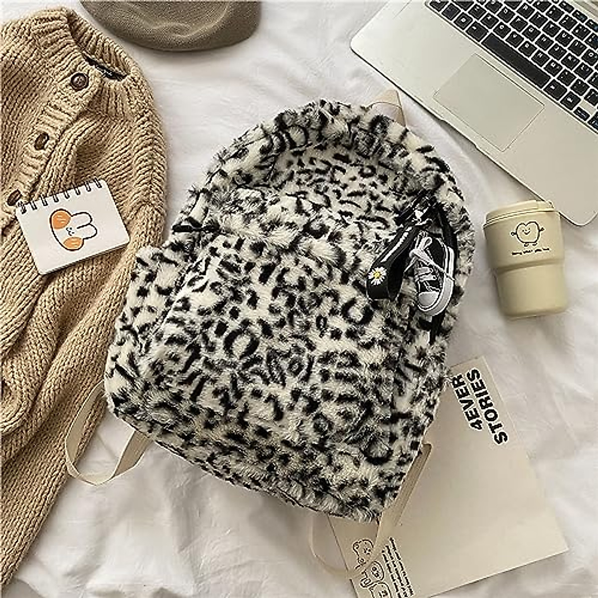 JHTPSLR Leopard Furry Backpack Soft Plush Backpack Fuzzy Backpack Book Bags Trendy Backpack Cute Stylish Winter Casual Daypack (Black)