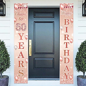 Happy Birthday Rose Gold Banner Cheers to 50 Years Backdrop Balloon Confetti Theme Decor Decorations for Front Door Porch Women 50th Birthday Party Pink Birthday Party Supplies Bday Favors Glitter
