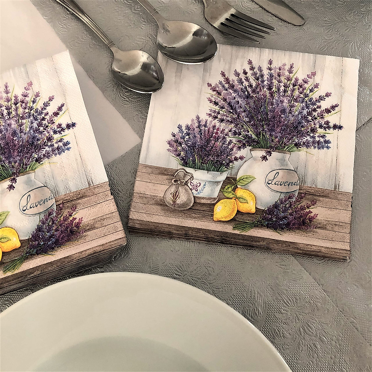 20-ct 13x13 Lavender Floral Napkins Decorative Napkins Mother's Day Napkins Disposable Floral Paper Napkins for Decoupage Floral Cocktail Lunch Dinner Napkins Paper Rustic Lavender Napkins in Pots
