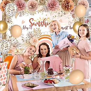 Boho Baby Shower Decorations for Girl A Little Ray of Sunshine Daisy Boho Backdrop Blush Pink Balloons Dusty Rose Paper PomPoms Champagne Fringe Curtain for Boho Rainbow Birthday Baby Shower Decor