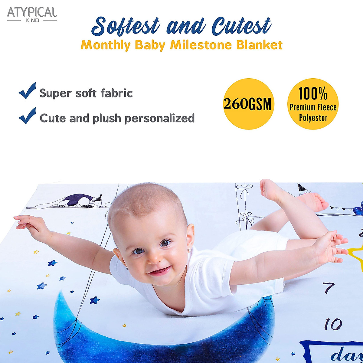 Atypical Kind Monthly Baby Milestone Blanket | Baby Monthly Milestone Blanket for Boy & Girl | Baby Boy Gifts, Nursery Blanket Baby Shower | Newborn Baby Month Blanket | Baby Growth Chart Blanket