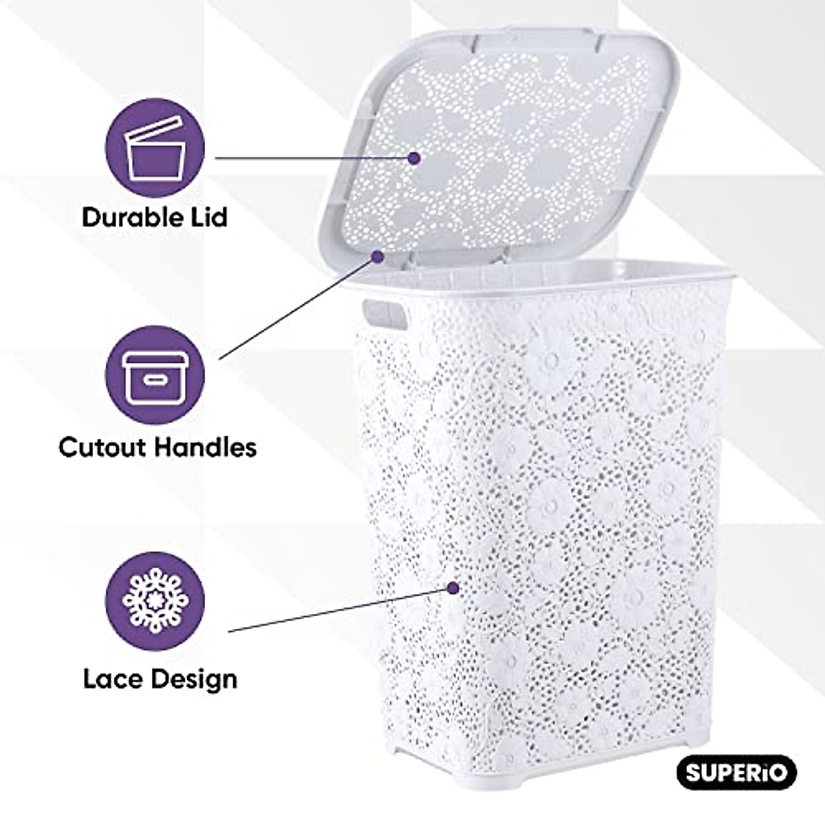 Superio Laundry Hamper with Lid White, 50 Liter Large Lace Hamper Basket, Dirty Cloths Storage with Cutout Handles, for Landry Room, Bedroom, and Bathroom