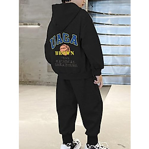Doomiva Boys Athletic Sweatshirt Hoodie Tracksuit Kids Hooded Tee Shirts and Running Pants Sweatpants with Pockets Set Black 7-8 Years