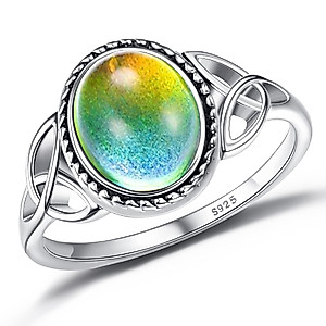 ADRAMATA 925 Sterling Silver Mood Ring for Women Vintage Celtic Knot Rings Jewelry 18K White Gold Plated Handmade Oval Solitaire Ring Temperature Control Color Change Mood Rings Size 8