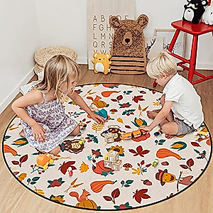 Thanksgiving Area Rug Round Diameter 3.3ft, Decorative Floor Carpets Circle Mats, Washable Felt Rugs for Bedroom, Living Room, Nursery, Office, Pumpkin Maple Leaf Scarecrow Owl Fall