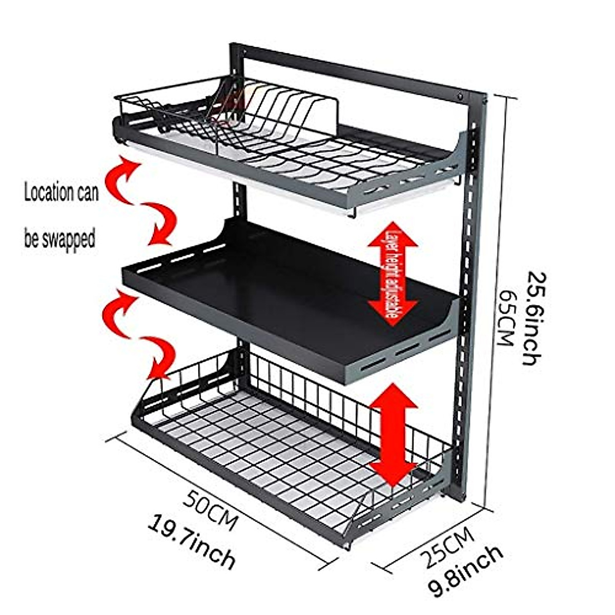 FEHUN Sinks,Stainless Steel Wall-Mounted Universal Kitchen Drain Rack,3-Layer Storage Rack,Chopstick Holder with