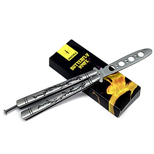 VORNNEX Practice Butterfly knife Trainer with Sure Spring Latch, Full Stainless Steel Black Dull Balisong, Unsharpened Butterfly knives Comb for CSGO Training(Silver)