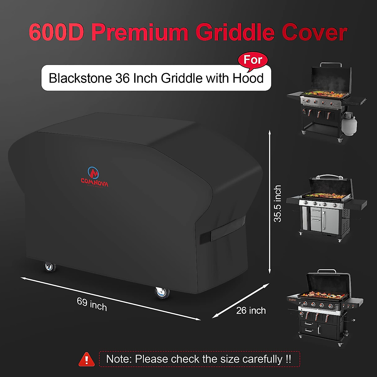 Comnova Griddle Cover for Blackstone 36 Inch Griddle with Hood - 600D Flat Top Grill Cover for Blackstone Pro Series Griddle Heavy Duty Waterproof, 36 in BBQ Cover for Blackstone 1984, 1902 and More