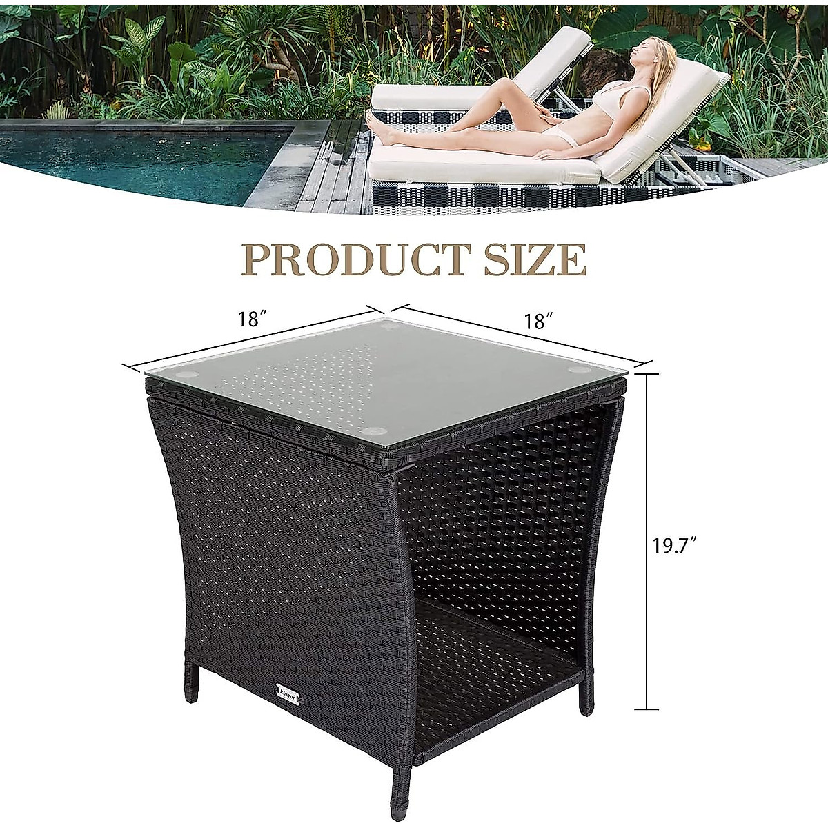 Kinsunny Square Glass Top Wicker Coffee Table, Outdoor Side Tables with Storage, Patio Furniture Patio Coffee Bistro Table PE Rattan Wicker Side Table w/Glass Top Indoor Outdoor, Black