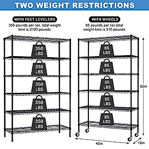 Hkeli Storage Metal Shelf Heavy Duty Wire Shelving Unit with Wheels 48inchx18inchx82inch Sturdy Steel Adjustable NSF 6 Tier Rack Standing Garage Shelves for Restaurant Garage Kitchen, Black