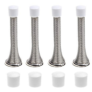 Kare & Kind 4X Spring Door Stoppers (Silver) - Screw-in Flexible Steel Stoppers with White Rubber Bumper Tips - Protect Walls from Bumps, Marks and Damages - Kid and Pet Safe - for Homes, Offices